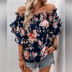 Tops | New Boho Floral Rose Off Shoulder Ruffle Top Navy Blue Pink Red ...
